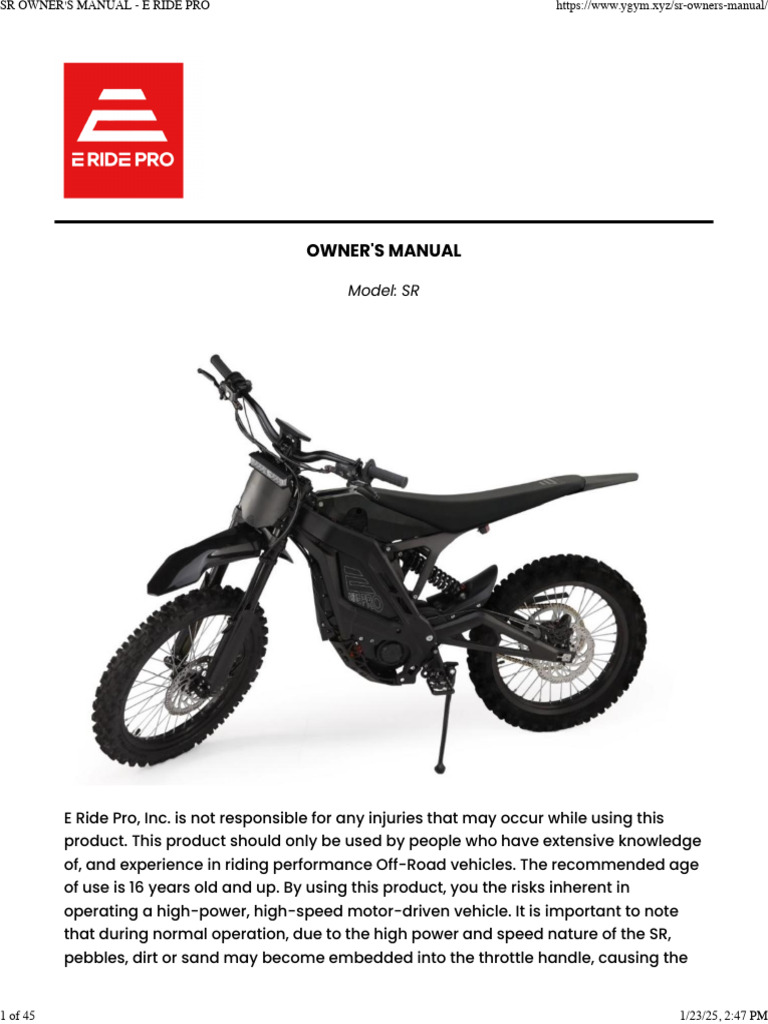 E Ride Pro SR Owner's Manual | PDF | Battery Charger | Manual Transmission