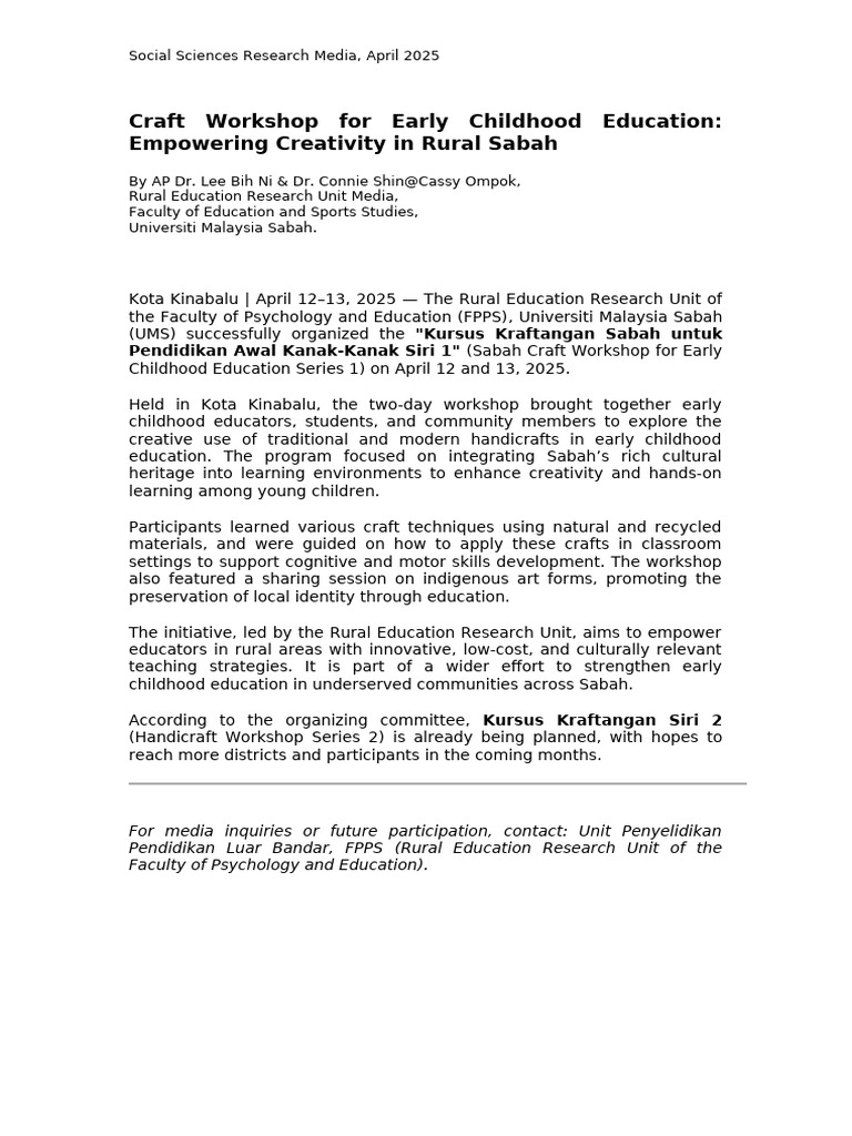 Sabah Craft Workshop for Early Education | PDF