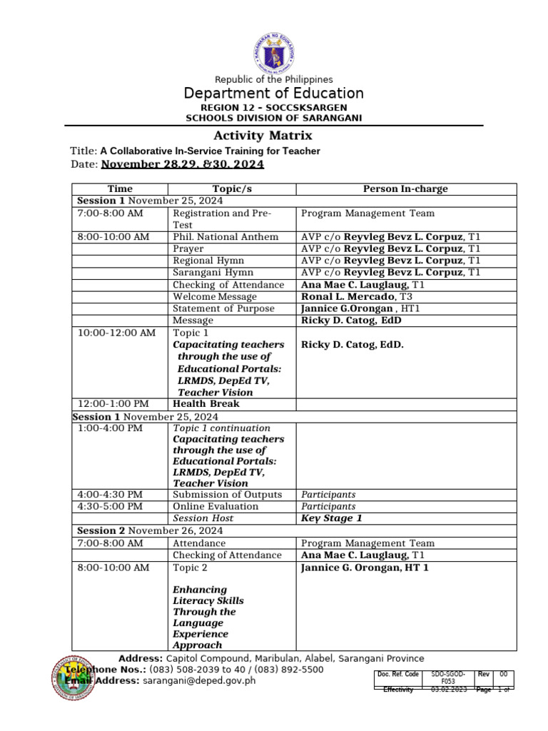 Activity Matrix Inset Final | PDF