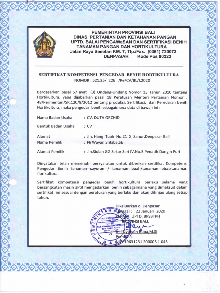 Sertifikat Pengedar Benih Flori | PDF
