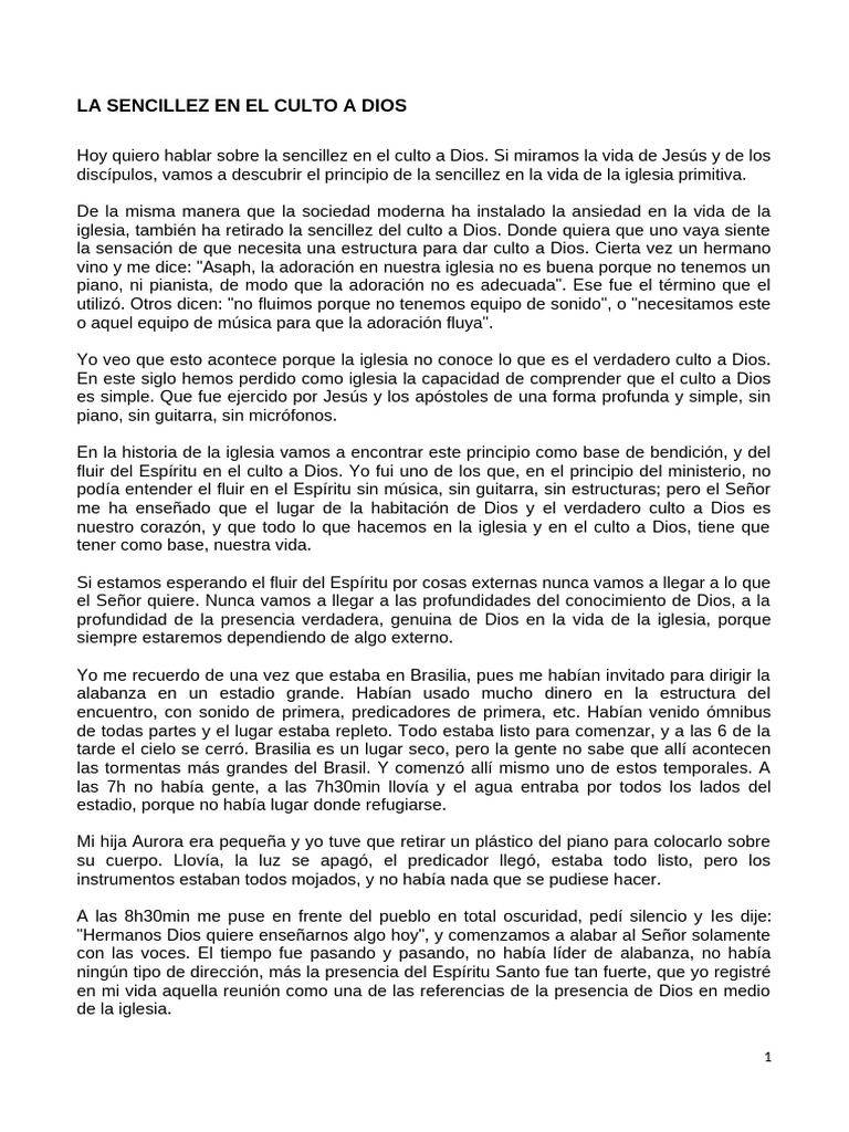 Sencillez en el Culto a Dios | PDF | Iglesia cristiana | Dios