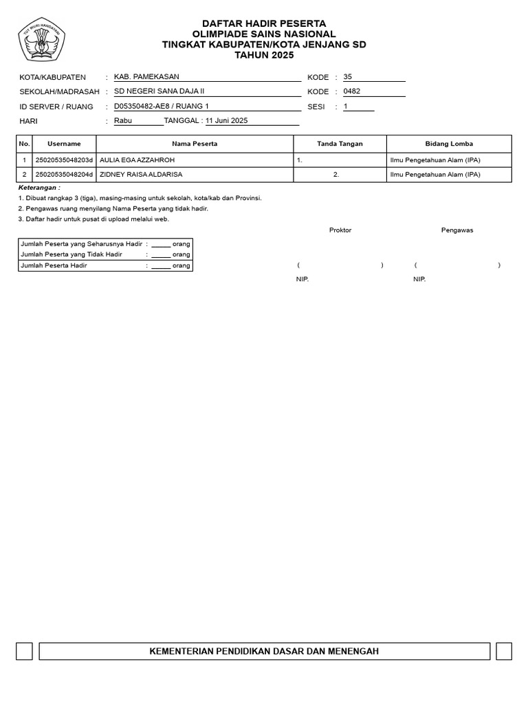 Daftar Hadir Osn Ipa 2025 | PDF