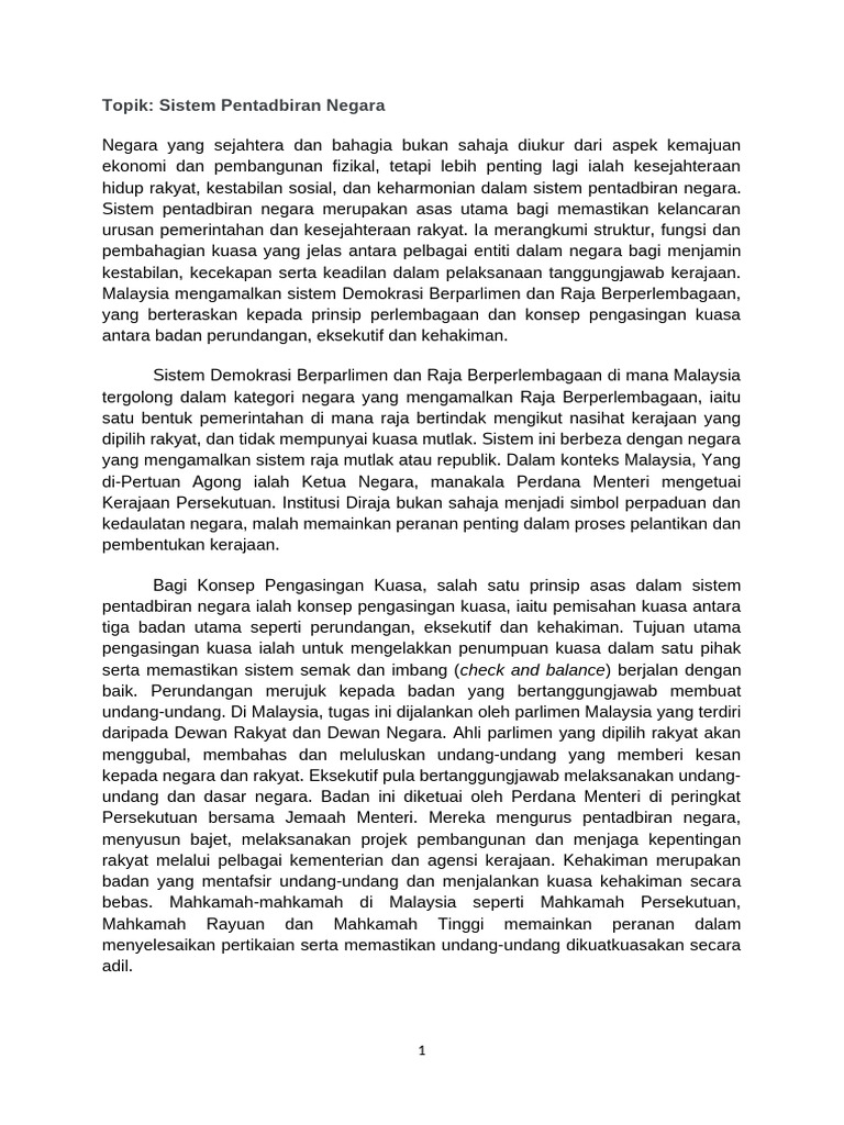 Tugasan 3 (Esei Pendek Sistem Pentadbiran Negara) | PDF