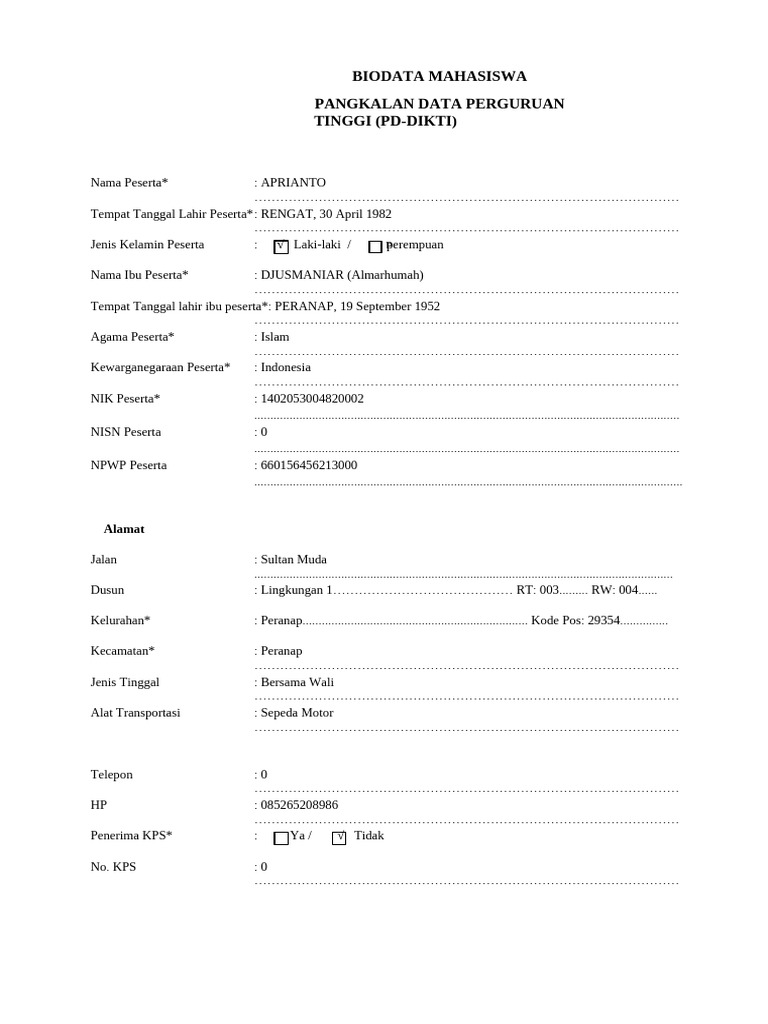 Format Biodata Diri PDDIKTI | PDF