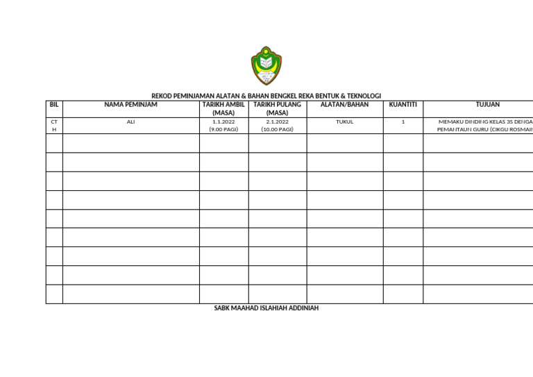 Rekod Peminjaman Alatan & Bahan Bengkel RBT | PDF