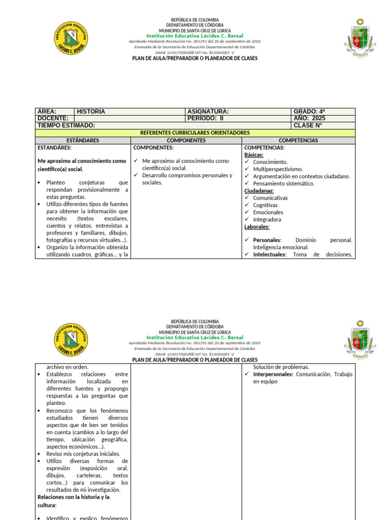Plan de Aula: Historia 4º Grado 2025 | PDF | Nómada | Sociedad