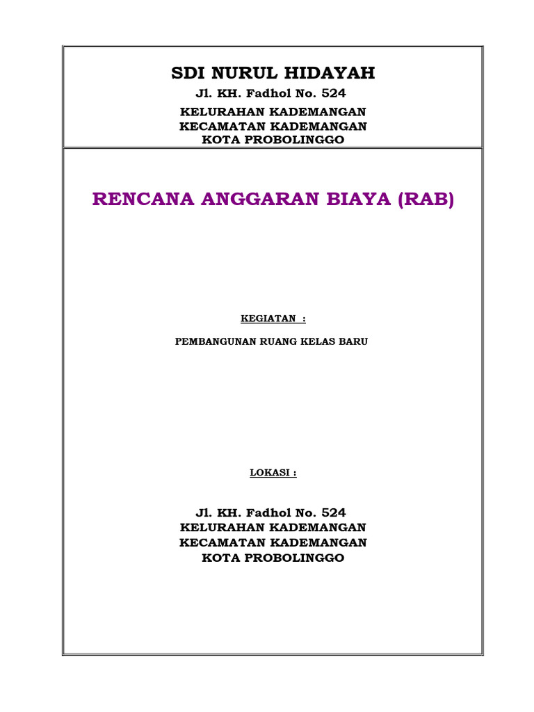 Rab Usulan RKB Sdi Nurul Hidayah Kademangan | PDF