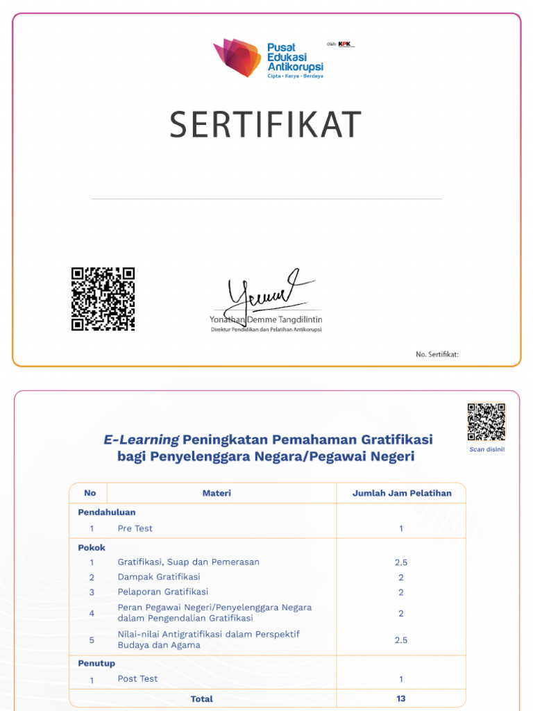 Sertifikat Diklat Pengendalian Gratifikasi KPK | PDF