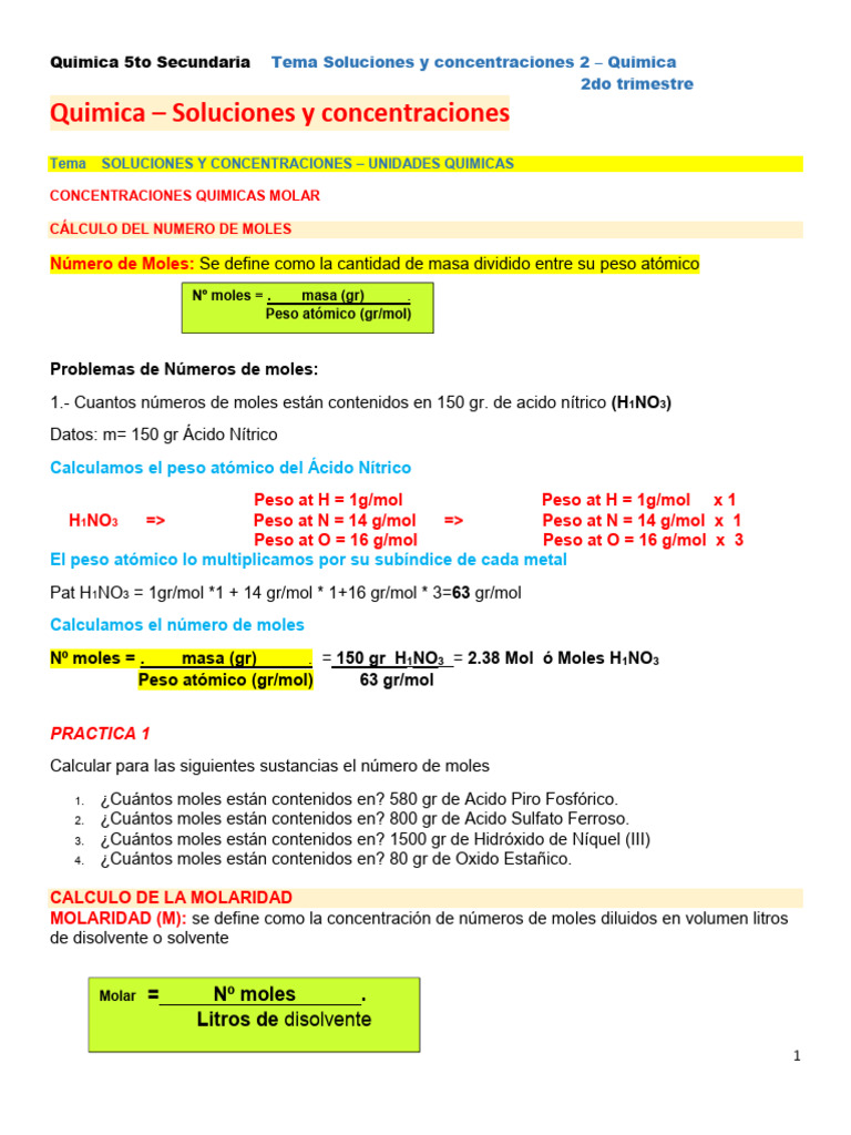 QUIMICA 5to Tema 2b Solucion y Concentracion2 | PDF | Concentración | Mole (Unidad)