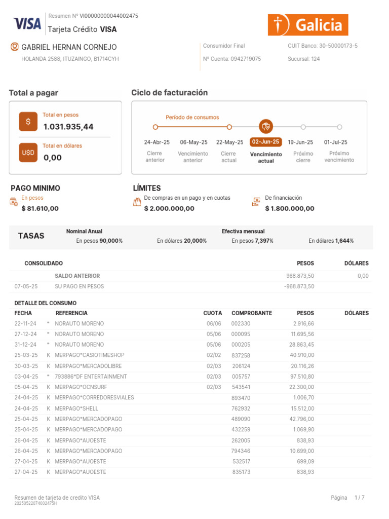 Resumen Mensual Tarjeta VISA Gabriel Cornejo | PDF | Interés | Visa Inc.