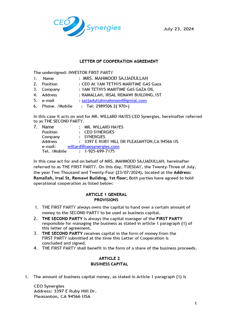 LETTER-Of-COOPERATION Signed Willard Hayes and Mahmood Sajjadullah | PDF