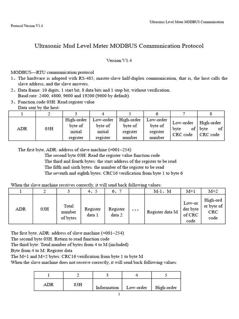 V1.4 UG9000 Mud Level Meter RS485 Modbus Protocol Holykell | PDF | Data Transmission | Computer ...
