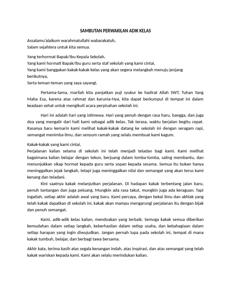 Naskah Sambutan Perwakilan Adik Kelas Perpisahan Sekolah | PDF