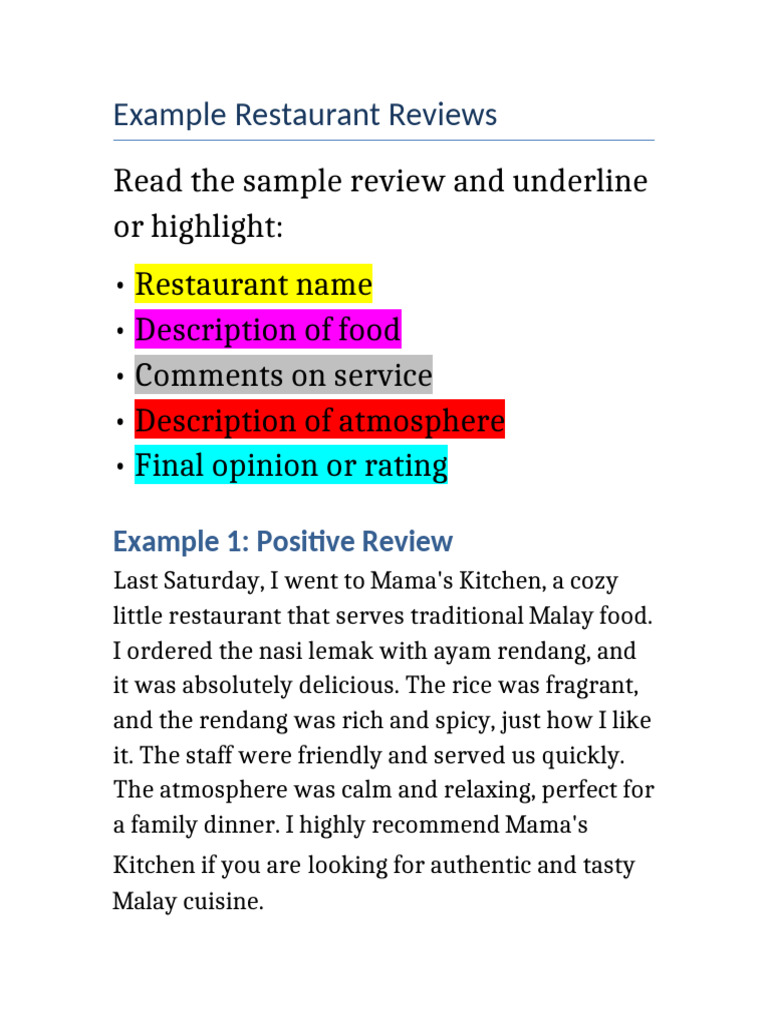 Sample Restaurant Reviews Guide | PDF