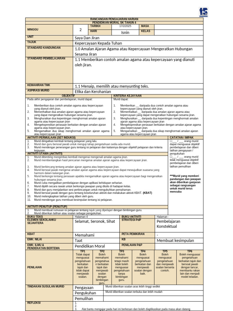 RPH Minggu 2 Pendidikan Moral SK THN 4 2025 by Cikgu Gorgeous | PDF