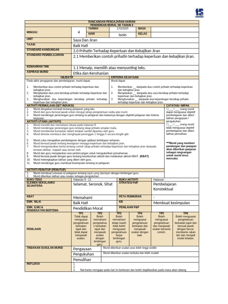 RPH MINGGU 4 PENDIDIKAN MORAL SK THN 4 2025 BY CIKGU GORGEOUS | PDF