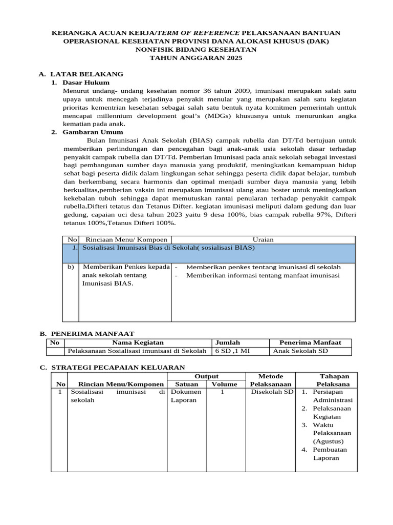 TOR Sosialisasi Imunisasi Di Sekolah | PDF