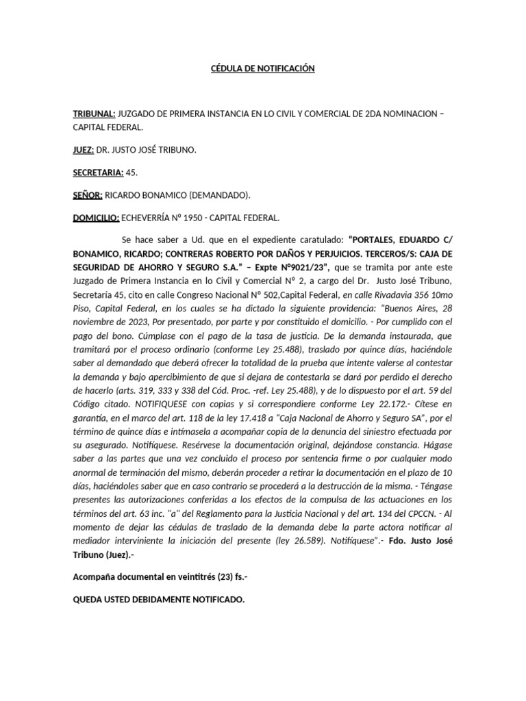 Trabajo Practico N°3a Cédula de Notificación2 | PDF | Demanda judicial ...