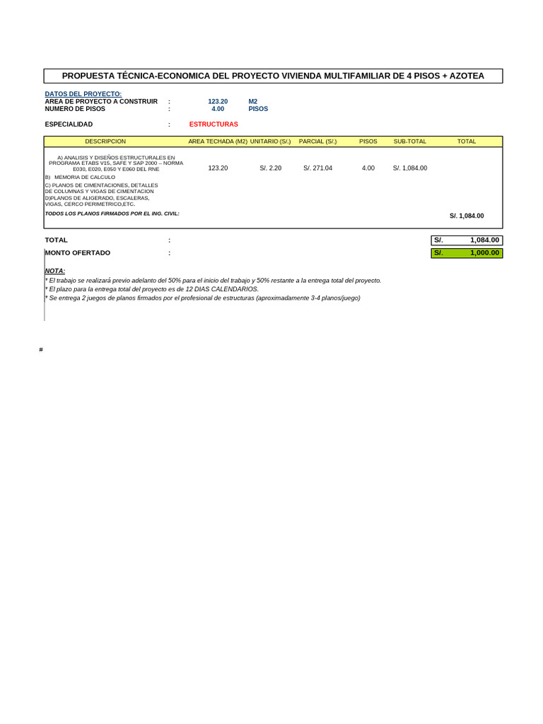 Cotizacion Multifamiliar 4 Pisos - Wilson Bejarano | PDF
