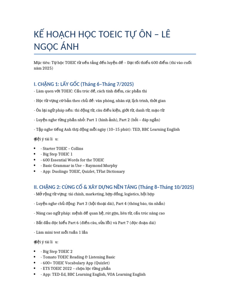 KeHoach TuHoc TOEIC LêNgọcÁnh 2025 | PDF