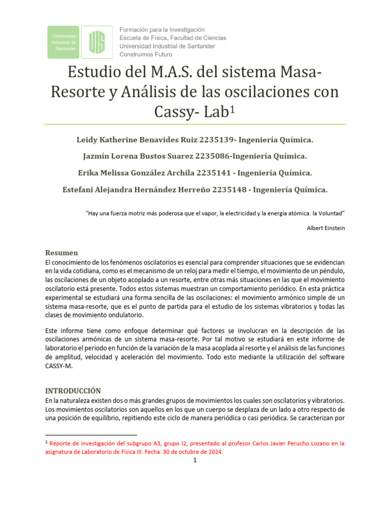 I1 Estudio Del M.a.S. de Sistema Masa - Resorte y Análisis de Las ...