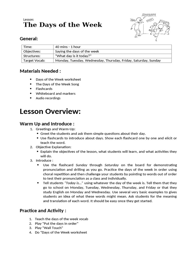 Lesson Plan For Grade 4 English DAYS of The WEEK | PDF | Workweek And ...