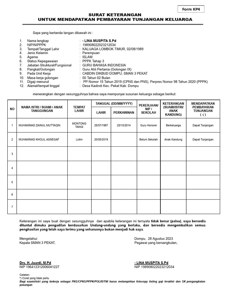 Form Kp4 - Lina Muspita - 198908022023212034 - Cabdin Dikbud Dompu - Sman 3 Pekat | PDF