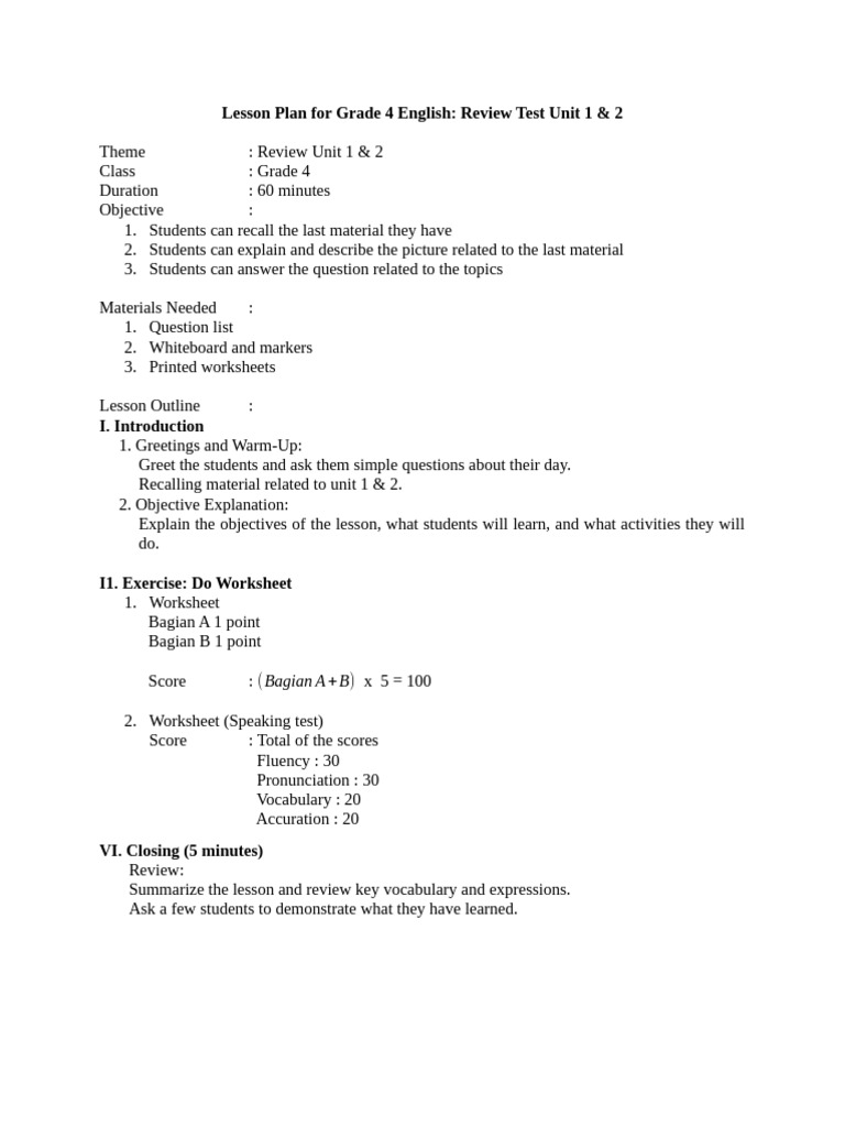 Lesson Plan for Grade 4 English; Review Unit 1 & 2 | PDF | Chess ...