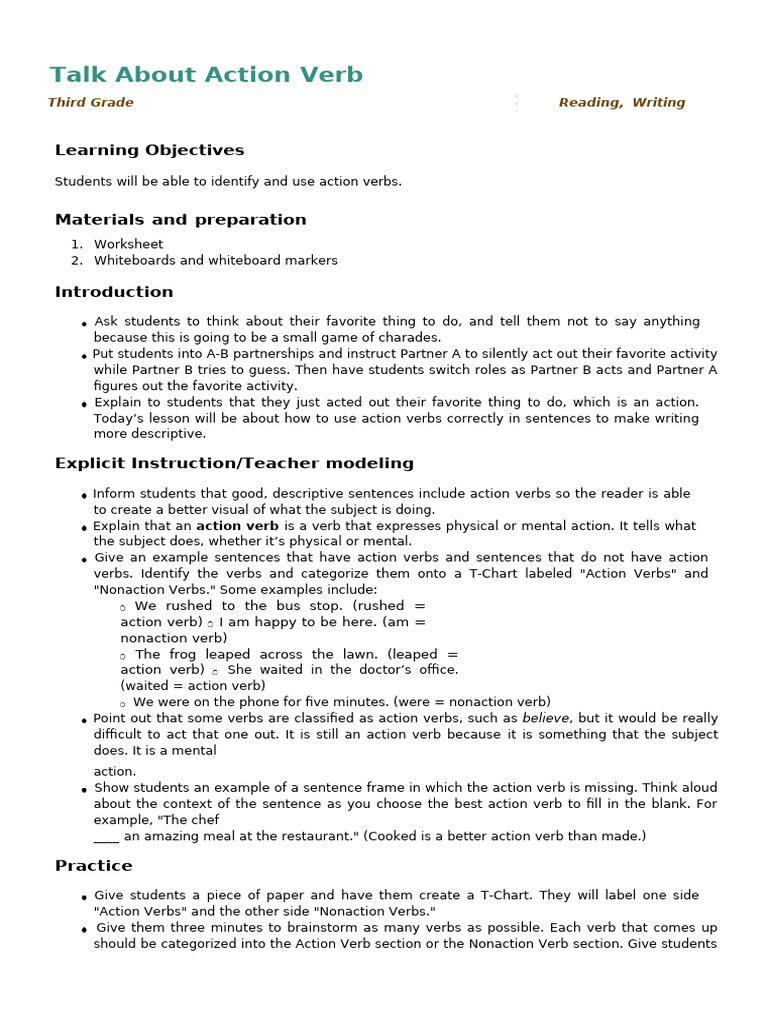 Lesson Plan for Grade 4 English; Talk About Action Verb | PDF | Subject ...