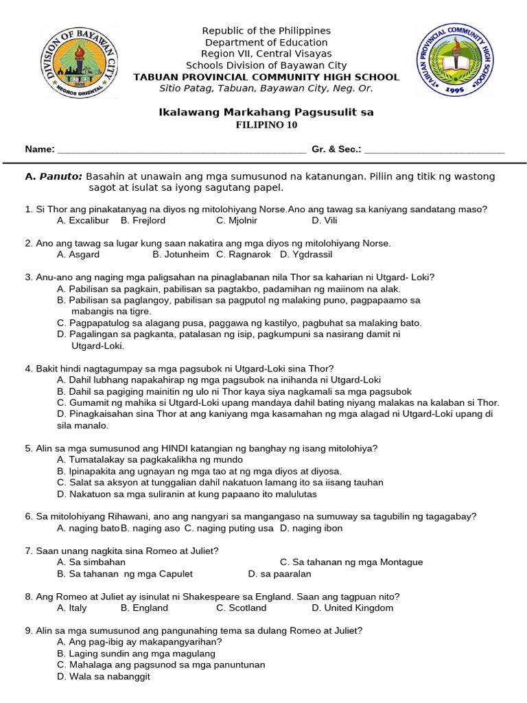 2nd Periodical Exam in Filipino 10 | PDF