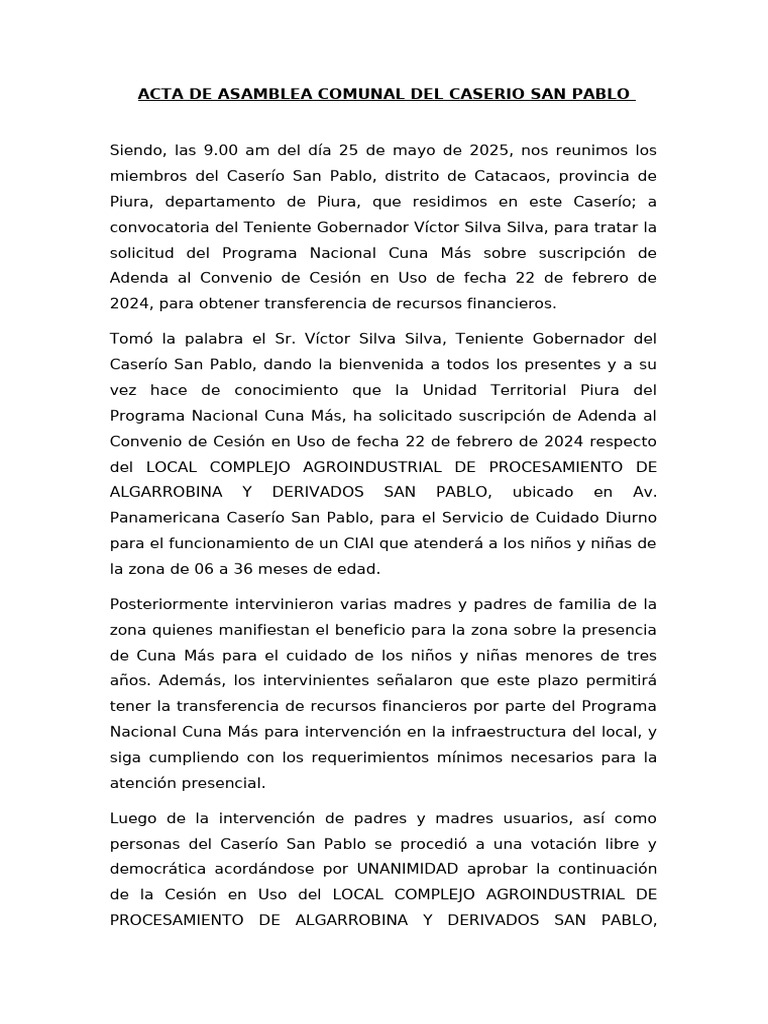 Acta de Asamblea Comunal Del Caserio San Pablo-1 | PDF | Gobierno