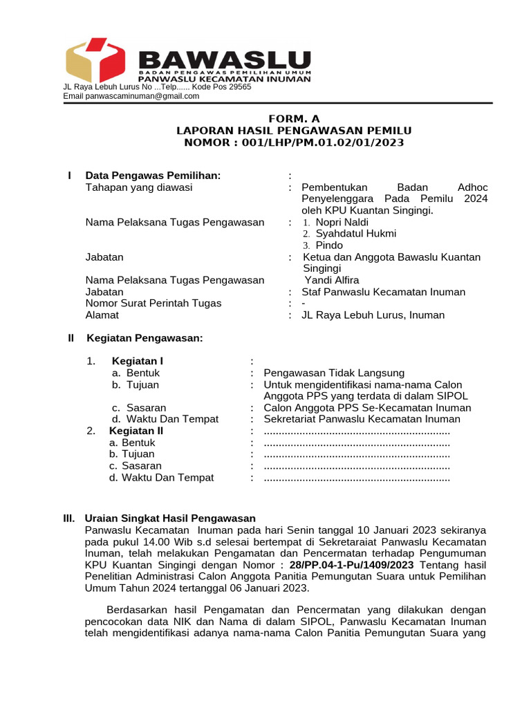 Fix Form A Pengawasan Hasil Pengumuman Adm Pps | PDF