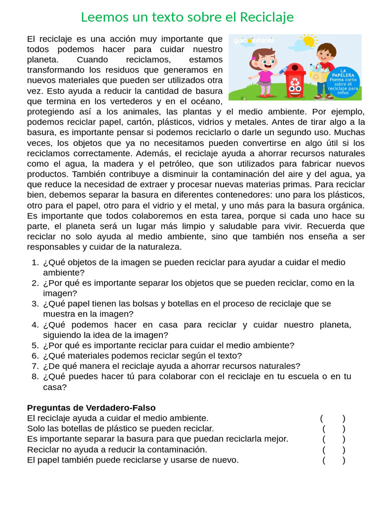 Importancia del Reciclaje para Niños | PDF | Residuos | Reciclaje