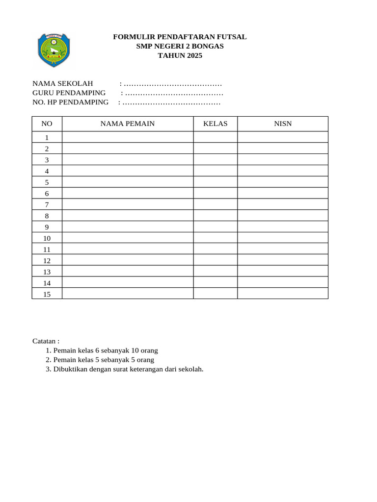 Formulir Pendaftaran Futsal SMP 2025 | PDF