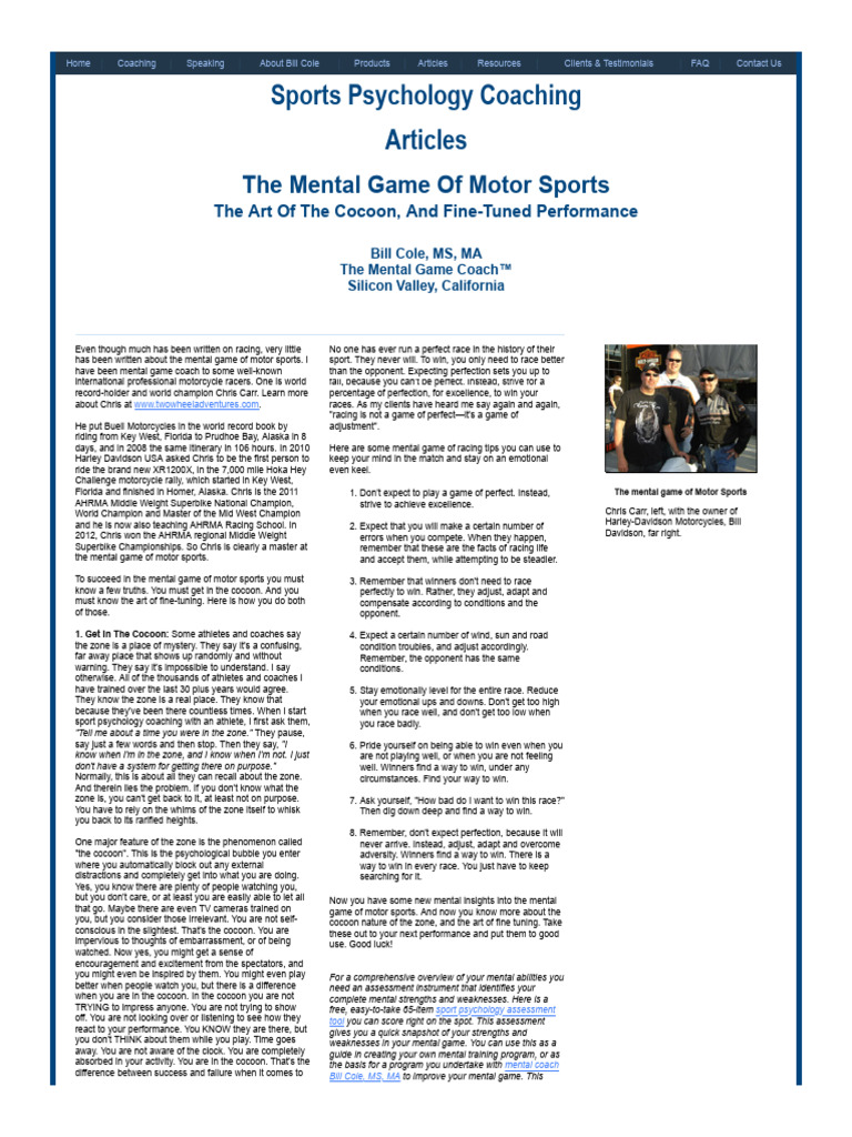 The Mental Game of Motor Sports - Article by Bill Cole | PDF