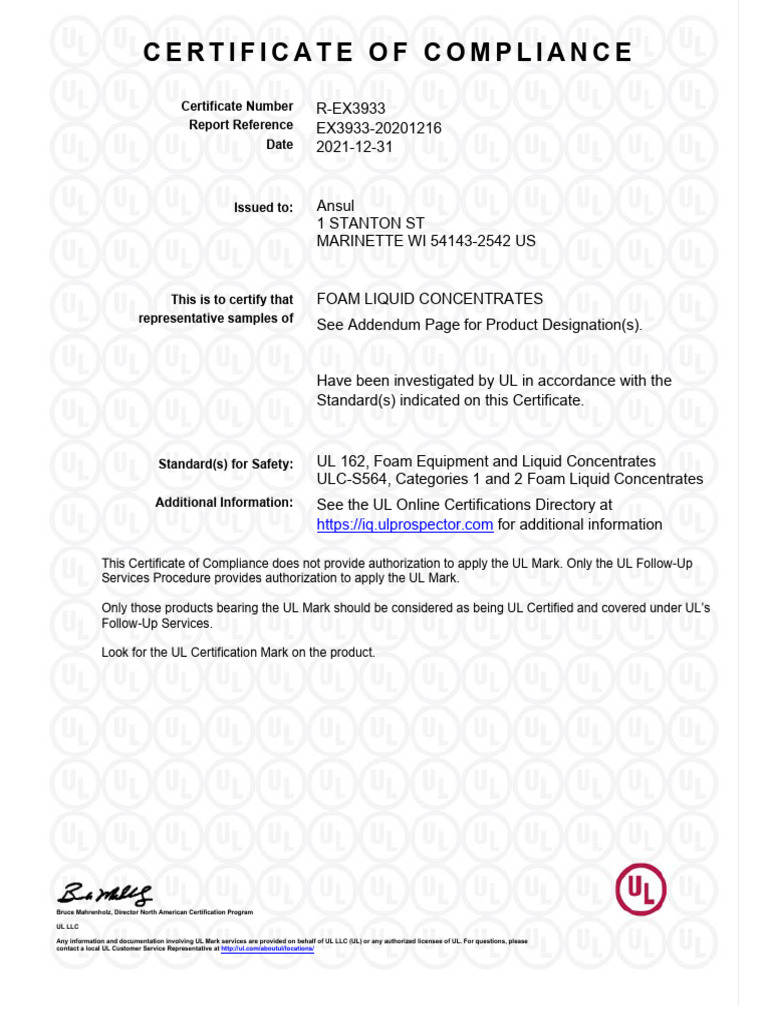 UL-162 - ANSUL NFF 3x3 UL201 Certificate of Compliance 2021-12-31 | PDF | Ethanol | Gasoline