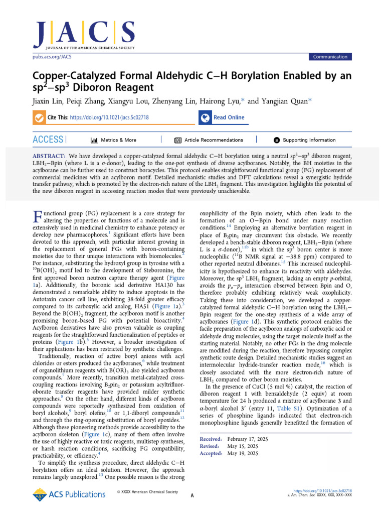 Lin Et Al 2025 Copper Catalyzed Formal Aldehydic C H Borylation Enabled by An Sp2 Sp3 Diboron ...