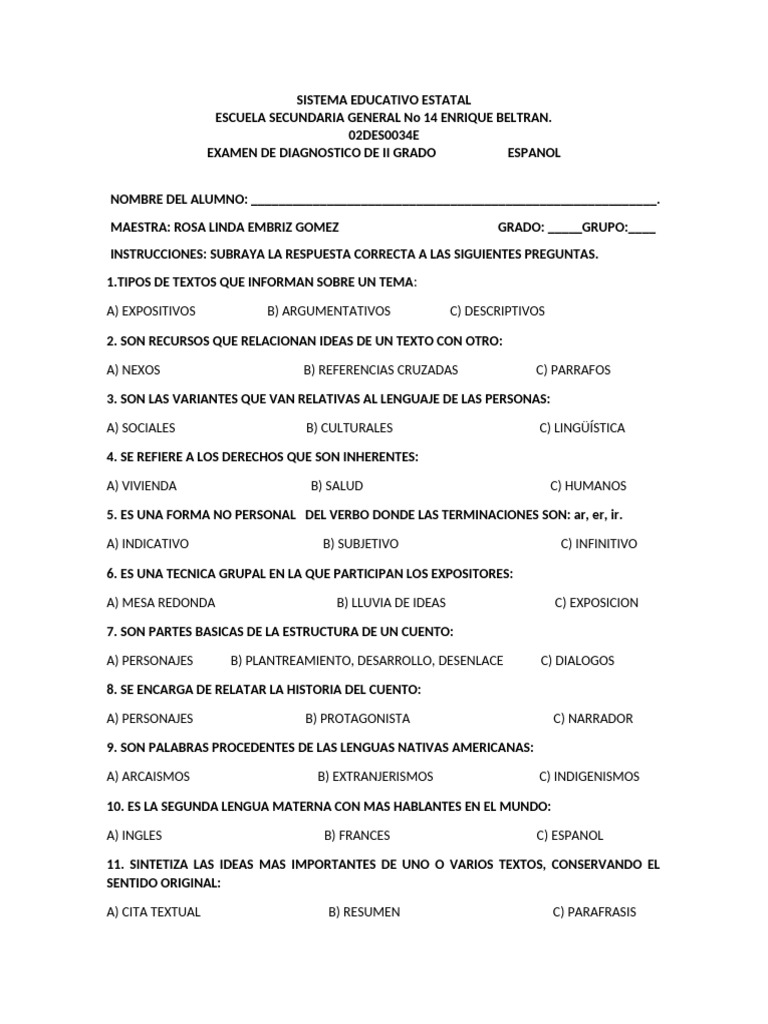 Examen Diagnóstico Español 2° Grado | PDF | Lengua española ...