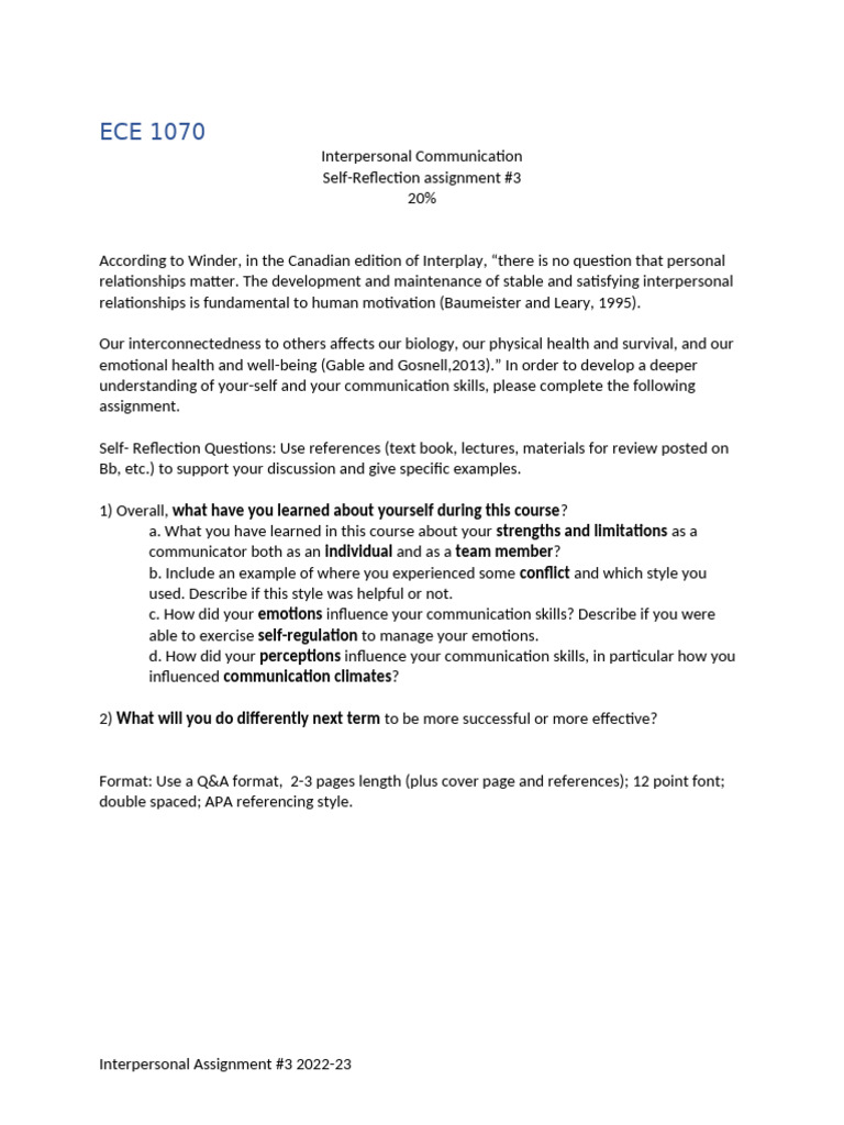 ECE 1070 Self-Reflection Assignment 3 | PDF | Communication | Emotions