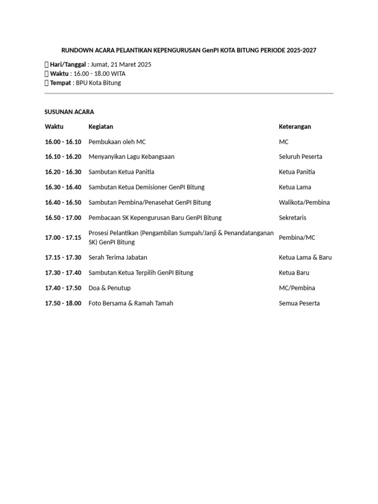 Rundown Acara Pelantikan Kepengurusan Genpi Kota Bitung | PDF
