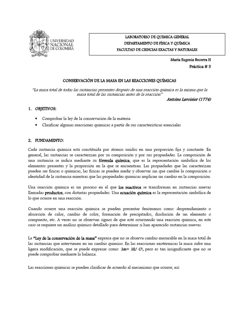 Practica #5 Ley de La Conservacion de La Masa | PDF | Química ...