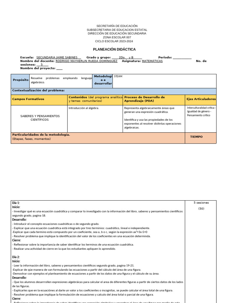 Plan Secu. 2do. Oct.2 | PDF | Ecuaciones | Fórmula