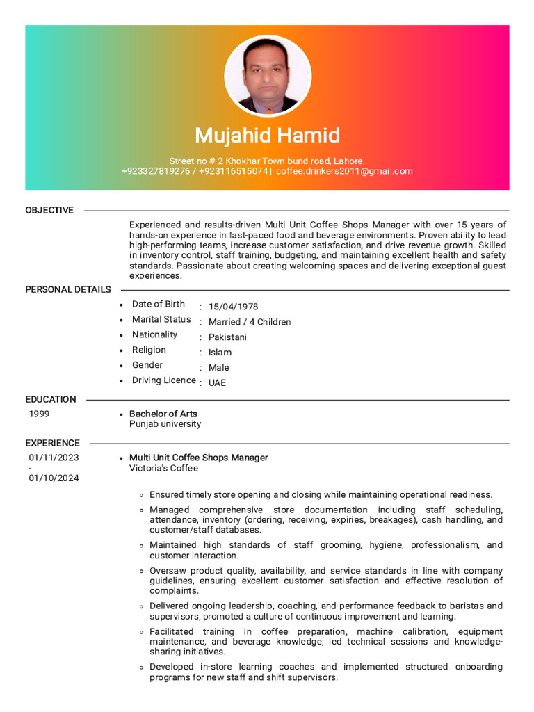 Multi Unit Coffee Shop Manager Resume | PDF | Business