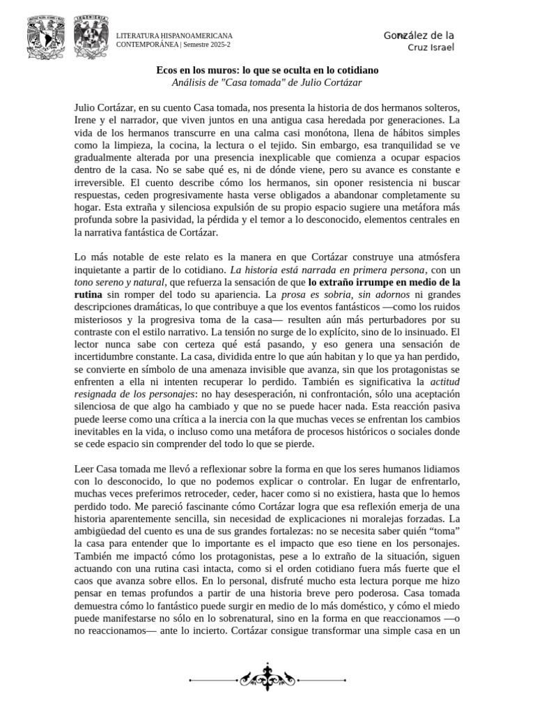 Análisis de "Casa Tomada" de Julio Cortázar | PDF | Cuentos