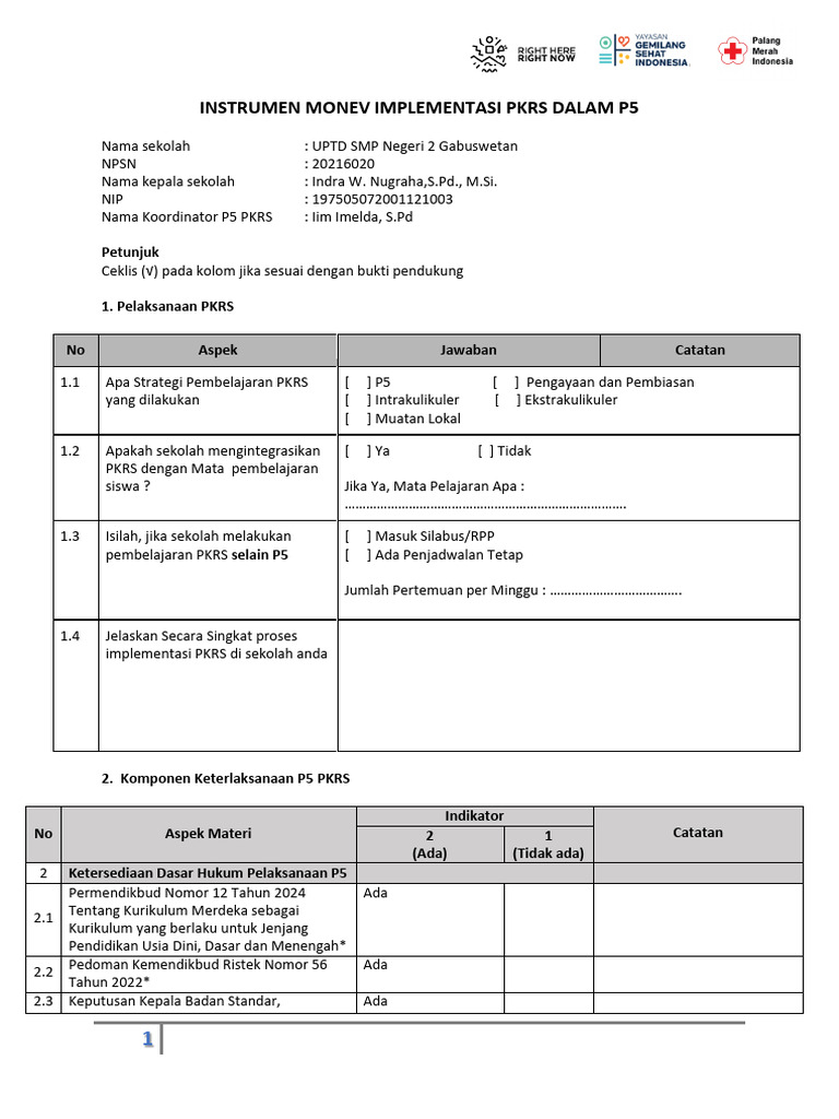 (Fix) Rev 2_instrumen Monev Implementasi Pkrs Dalam p5 | PDF