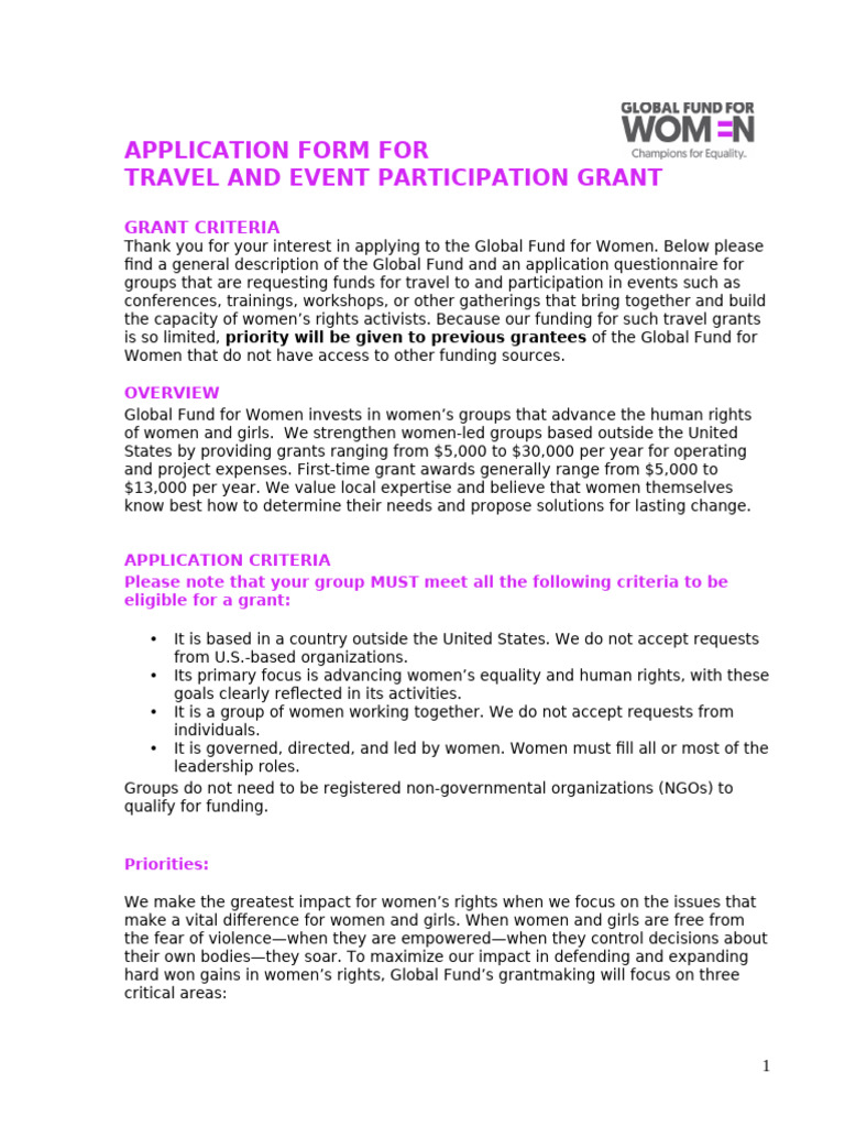 Travel Grant Application for Women’s Events | PDF | Woman | Women's Rights