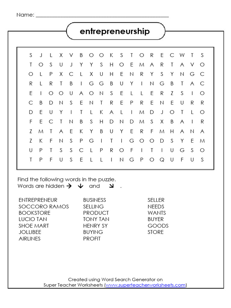 Super Teacher Worksheets Entrepreneurship | PDF | Word Search | Business