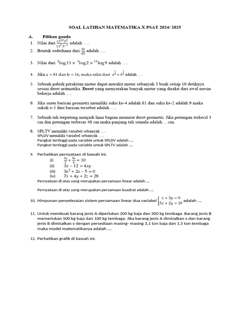 Soal Latihan Matematika X Psat 2024 2025 | PDF