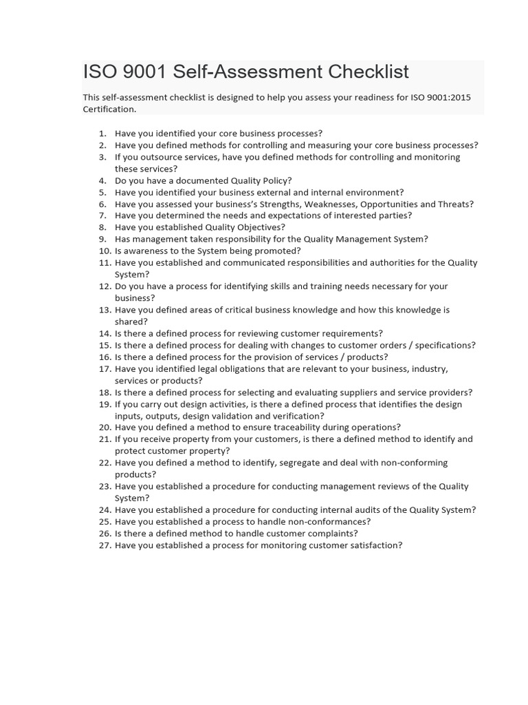 ISO 9001 Self-Assessment Checklist | PDF | Quality Management System | Business Process