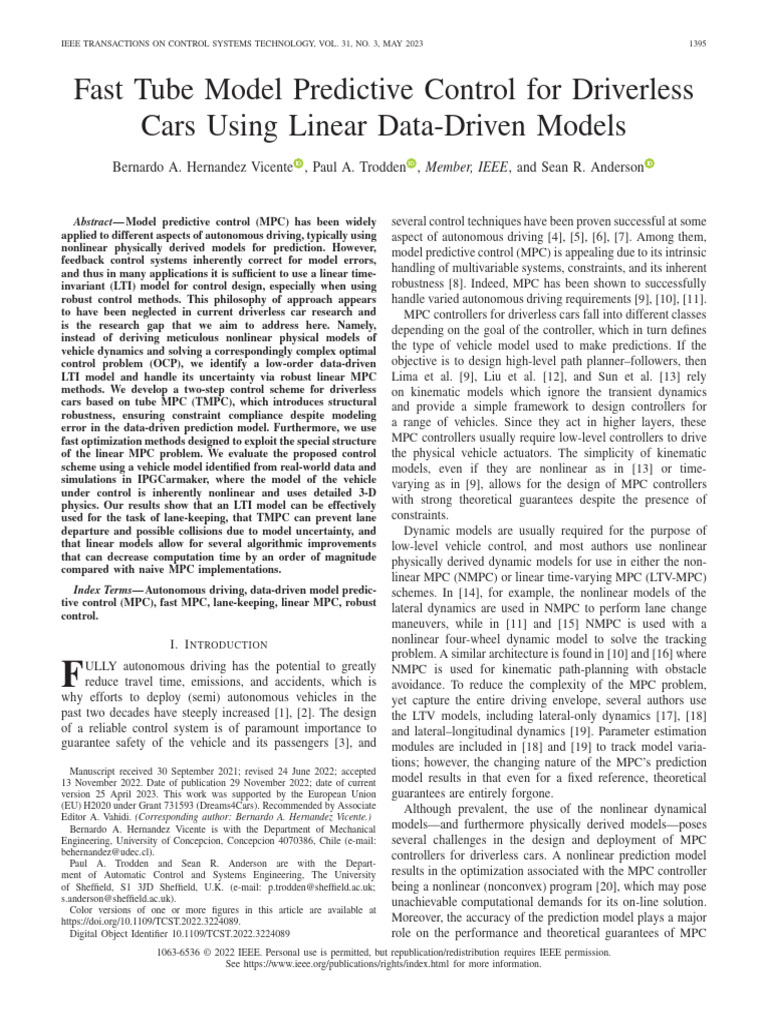 Fast Tube Model Predictive Control For Driverless Cars Using Linear Data-Driven Models | PDF ...